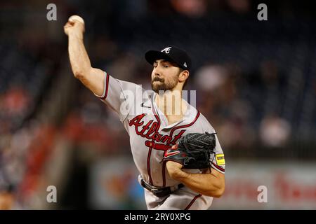 Atlanta Braves starting pitcher Spencer Strider (65) in action during a ...