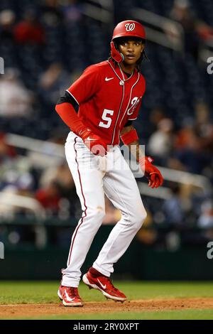Washington Nationals' CJ Abrams takes lead from second base during the ...