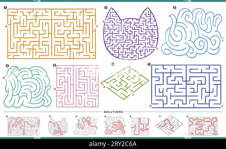 Illustration of maze puzzle activities graphs set with solutions Stock ...