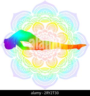 Colorful silhouette yoga posture. Supine Bound Angle pose. Supta Baddha ...
