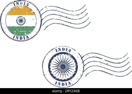 India travel stamps set, postage stamps with symbols and cities of of ...