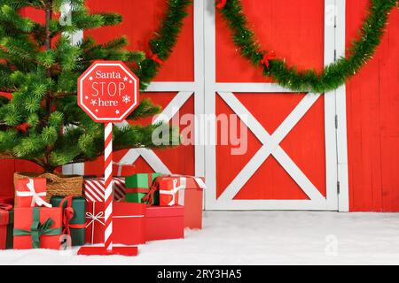 Merry Christmas wooden sign. Christmas composition on blurred lights ...