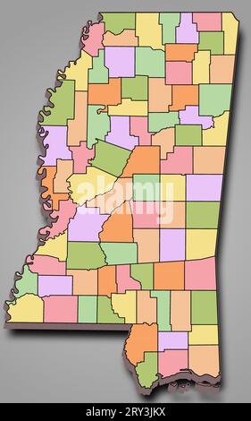 Mississippi, U.S. state, political map with borders and county names ...