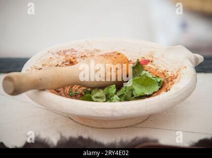 Mortarium or roman mortar with food. Ancient roman gastronomy concept ...