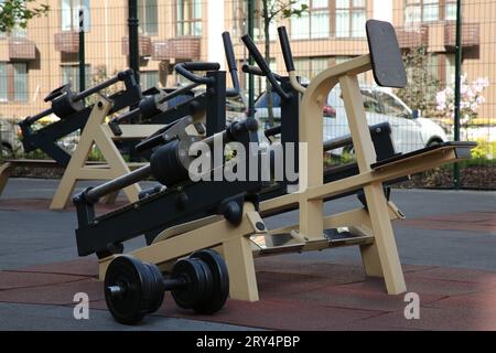 Empty outdoor gym with exercise simulator in residential area Stock ...