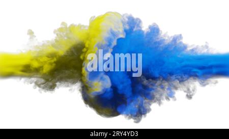 Puffs of yellow and blue smoke collide against a white background. 3d ...