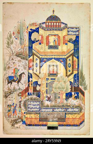 Iran/Persia: 'Khusraw at Shirin's Palace'. Ink and paint on paper folio ...