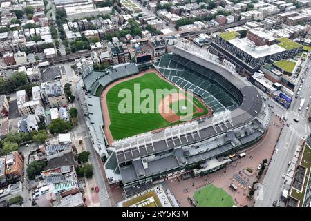 A general overall aerial view of Wrigley Field Baseball stadium ...