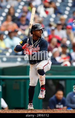Atlanta Braves' Ozzie Albies waits for a pitch during an at-bat in a ...