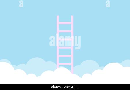 Pink ladder on blue cloudy background with copy space. Flat vector ...
