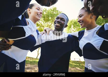 Cheerleader group, sports and people huddle for competition support ...
