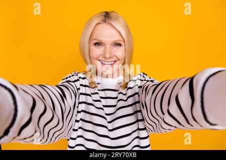 Photo of nice pretty lady blogger shiny toothy smile wear yellow ...