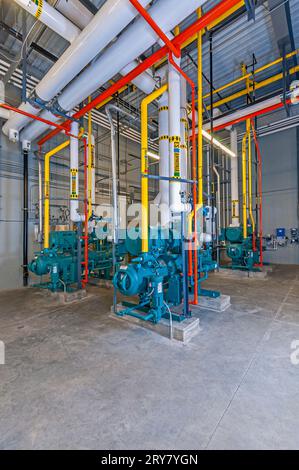 Compressor room in ammonia-cycle industrial refrigeration cold-storage ...