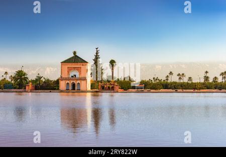 Saadian Pavillon at Menara gardens with Atlas mountains in Marrakech ...