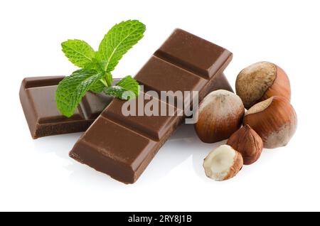 Closeup detail of chocolate parts, hazelnuts and mint leaves on white ...