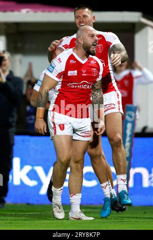 Hull KR's Sam Luckley celebrates his try during the Betfred Super ...
