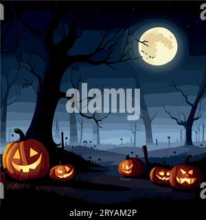 Halloween scene. Haunting nightmare hallowen background, cartoon horror ...