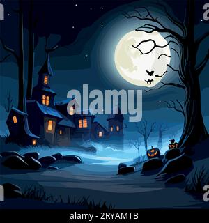 Halloween scene. Haunting nightmare hallowen background, cartoon horror ...