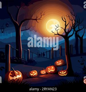 Halloween scene. Haunting nightmare hallowen background, cartoon horror ...