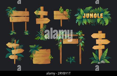 Jungle wooden signboards. Wood board with tropic leaves, moss and liana ...