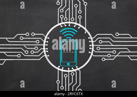 Chalkboard drawings of a circuit board design surrounding a cell phone ...