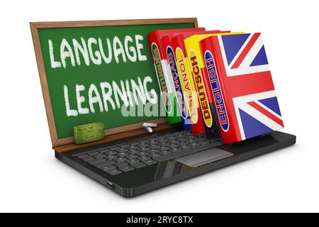 3d illustration. Laptop with Dictionaries. E-learning. Languages learn and translate, education ...