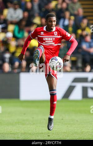 Isaiah Jones #2 of Middlesbrough controls the ball during the Sky Bet ...