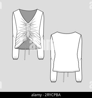 Women Fashion blouse elastic gathering puff sleeve back button panel ...