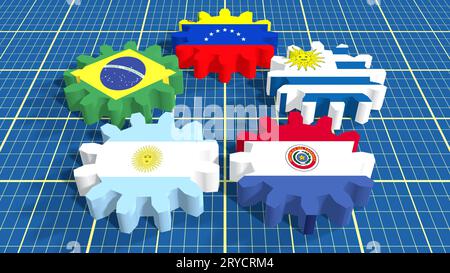 Southern Common Market association economies members flags on gears ...