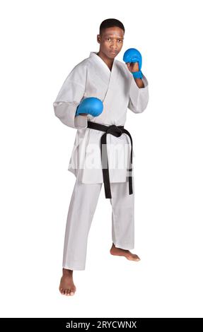 african american karate man, standing with the back, in white kimono ...