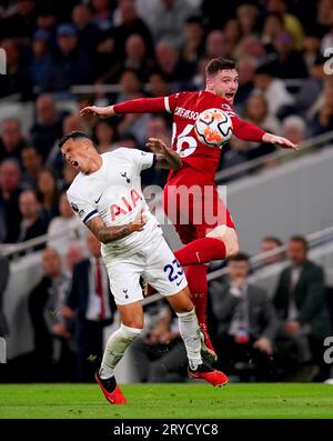 Tottenham Hotspur's Pedro Porro and Liverpool's Cody Gakpo (right ...