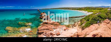 Aerial drone panoramic view of the Cea beach with the Red Rocks ...