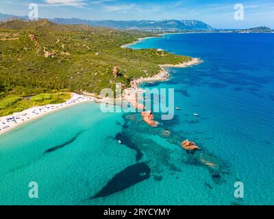 Aerial drone panoramic view of the Cea beach with the Red Rocks ...