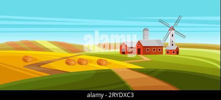 Cartoon red barn, silo tower and wind power generator, rural road to ...