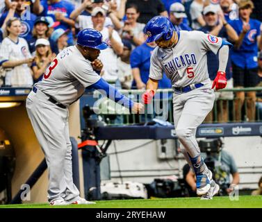 Chicago Cubs' Christopher Morel (5) celebrates his run scored against ...