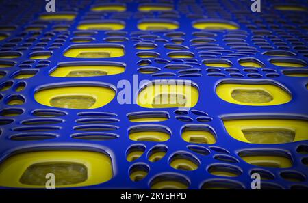 Abstract illustration of blue geometrical square shapes against black ...