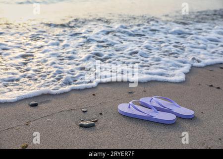 Stylish lilac flip flops on sand near sea. Space for text Stock Photo ...