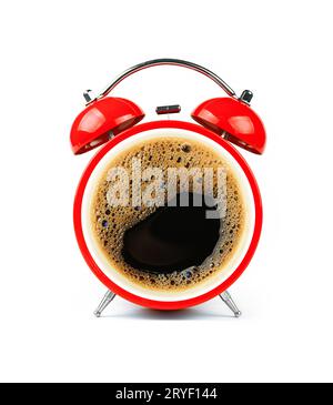 Red alarm clock with coffee cup froth face Stock Photo - Alamy