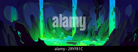 Dark toxic cave cartoon game background. Fantasy underground landscape ...