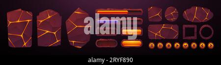 Lava stone ui game frame and volcanic button vector. Volcano eruption ...