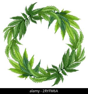 Watercolor cannabis frame. Hand drawn wild hemp plant border for ...