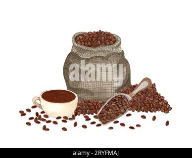 Hand-drawn watercolor kitchen composition with condiments. Turmeric ...