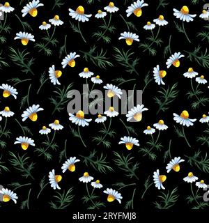 Watercolor seamless pattern with different chamomile flowers and leaves ...
