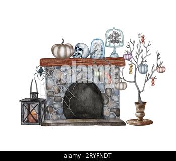 Fireplace. Watercolor illustration interior of living room with vase ...