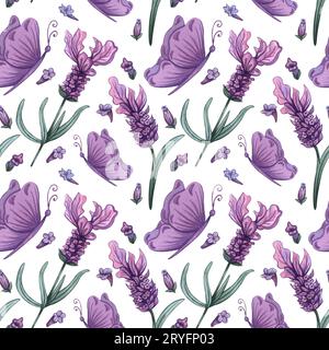 Watercolor lavender floral seamless pattern. Blue flowers on a dark ...