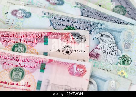 UAE dirhams, paper money, one and five hundred dirhams banknotes ...
