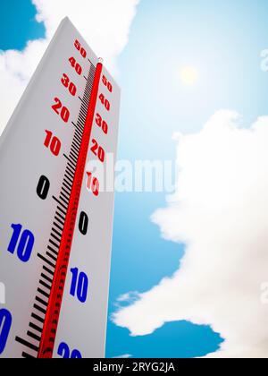 Summer heat, high temperature outdoor, hot desert weather. Thermometer ...