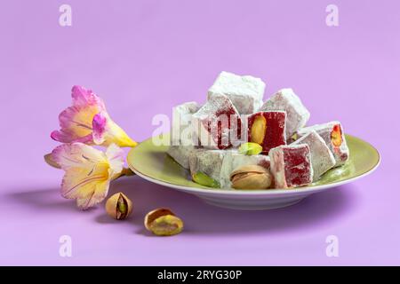 Turkish delight with pistachio and pomegranate. Traditional Turkish ...