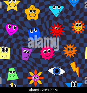 Smiley faces stickers, trippy seamless pattern. Retro trendy background ...