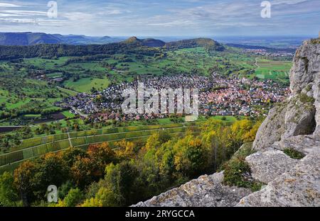 Neuffen below Hohenneuffen Castle; Biosphere area Swabian Alb and ...
